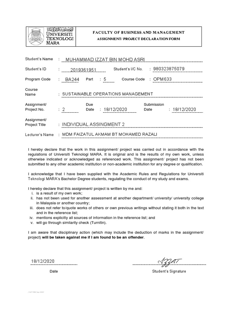 Assignment Project Declaration Form OPM633 | PDF