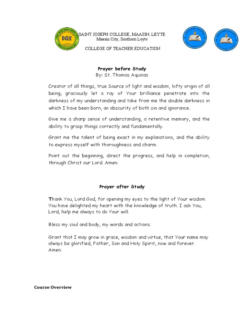 Prayer Before Study: Saint Joseph College, Maasin, Leyte Maasin City ...