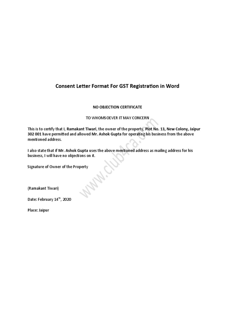 GST Registration Consent Letter Format | PDF