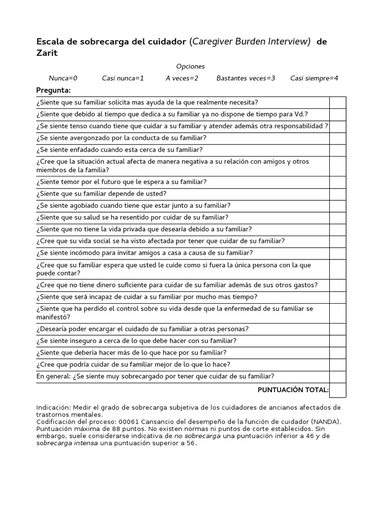 Escala de Sobrecarga Del Cuidador de Zarit | PDF