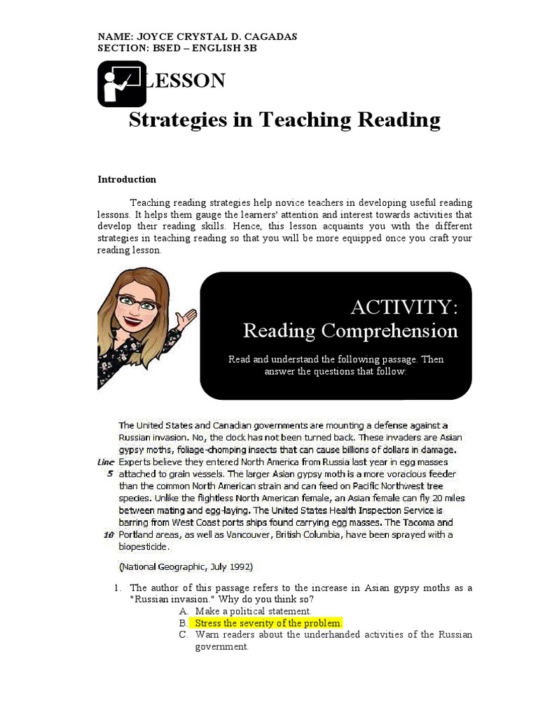 Strategies in Teaching Reading: Lesson | PDF | Reading Comprehension ...