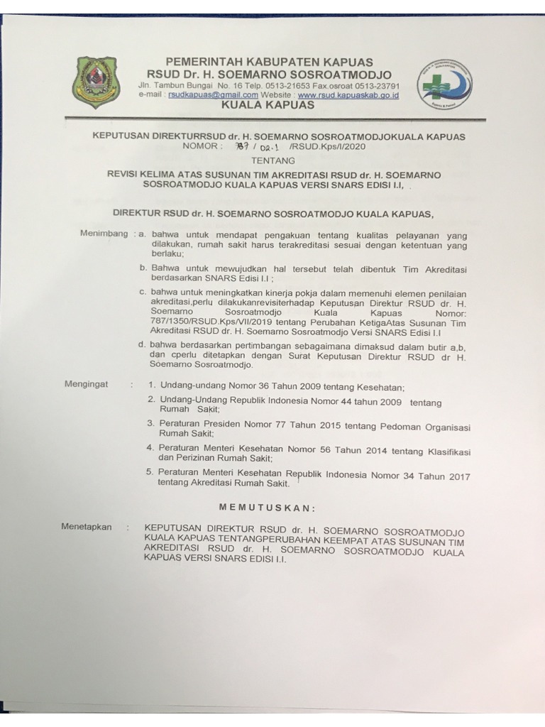 Revisi Kelima Tim Akreditasi RSUD Dr. H. Soemarno Sosroatmodjo Kuala Kapuas | PDF