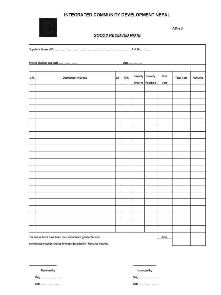 Integrated Community Development Nepal: Goods Received Note | PDF