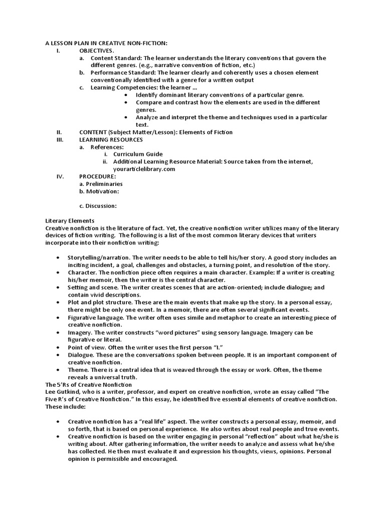 Creative Nonfiction Elements Lesson Plan | PDF | Creative Nonfiction ...