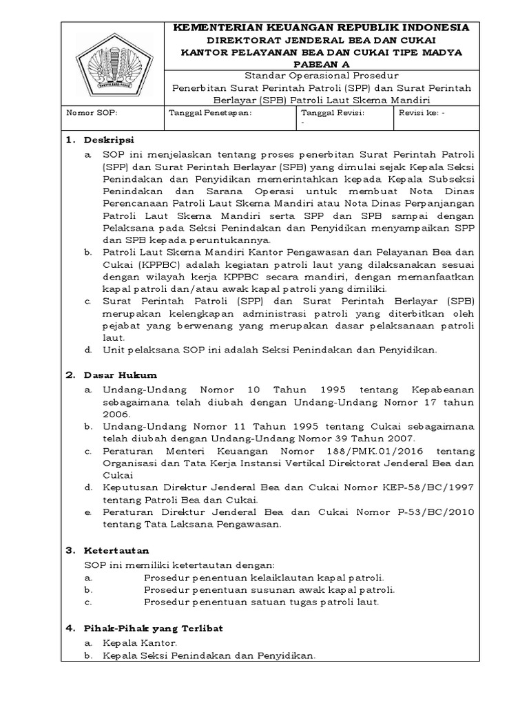 SOP Penerbitan SPP Dan SPB Skema Mandiri KPPBC | PDF