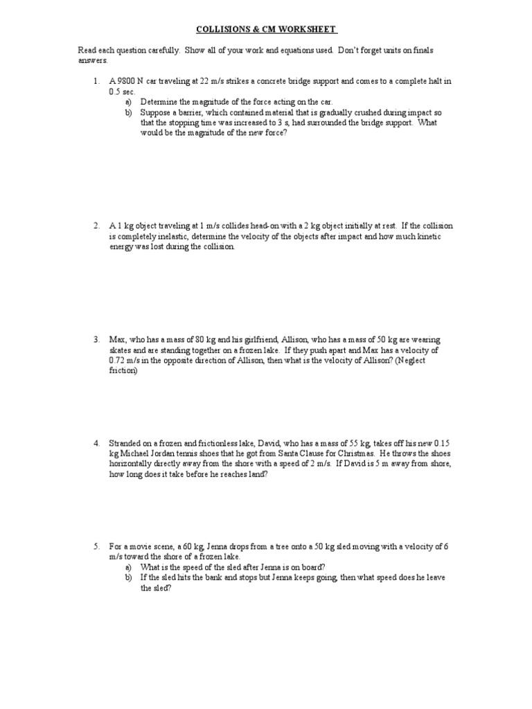 Collisions & CM Worksheet | PDF | Collision | Momentum