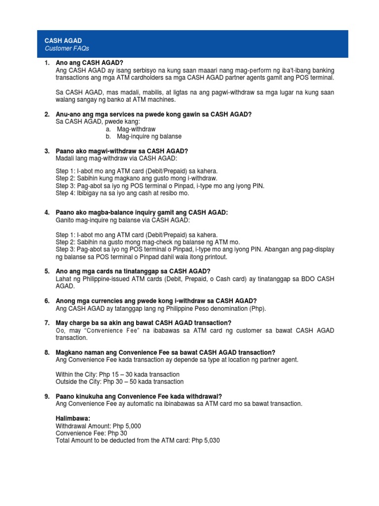 CASH AGAD Customer FAQs | PDF