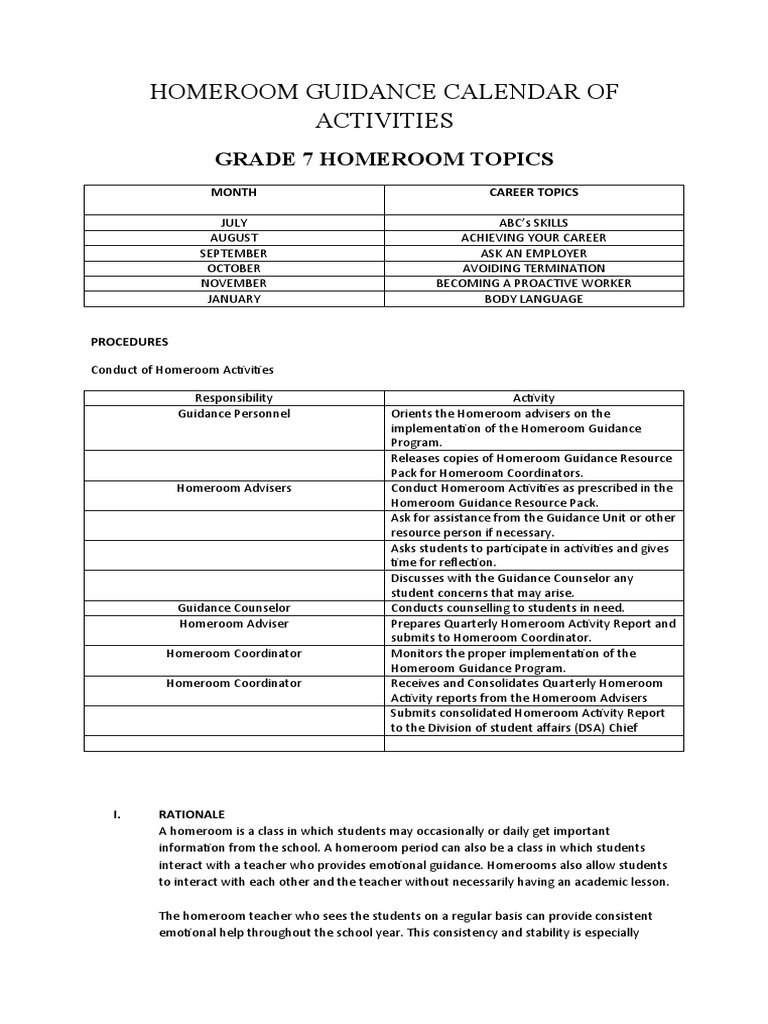 Homeroom Guidance Calendar of Activities | Download Free PDF | School ...