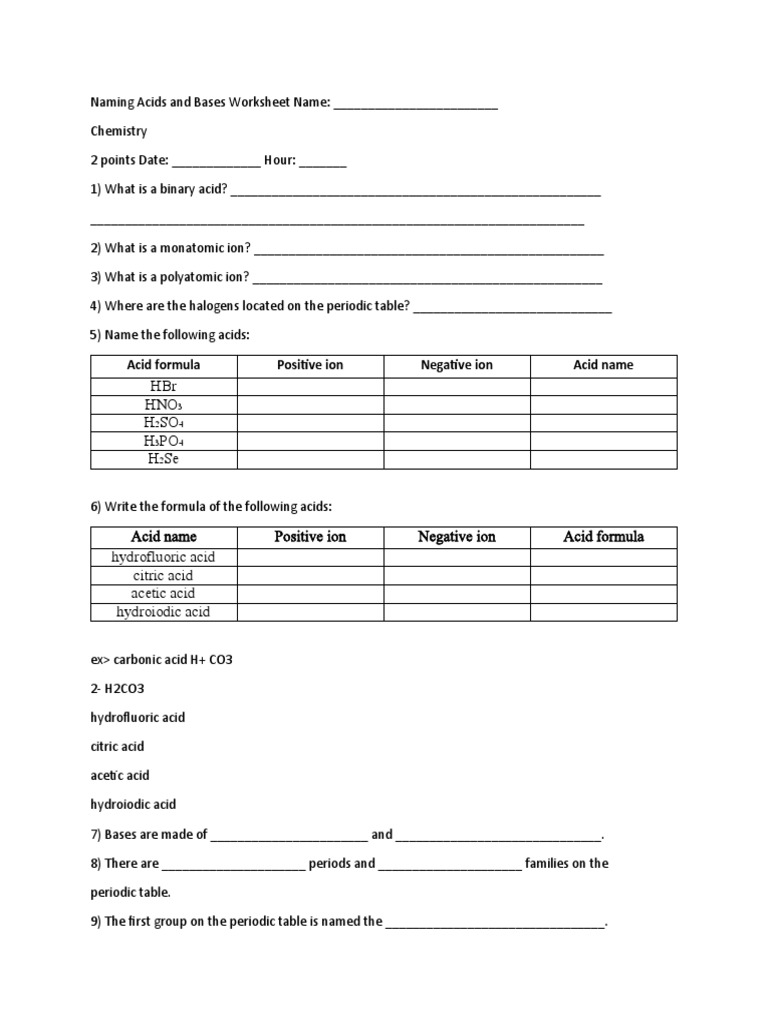 Naming Acids and Bases Worksheet Name | PDF