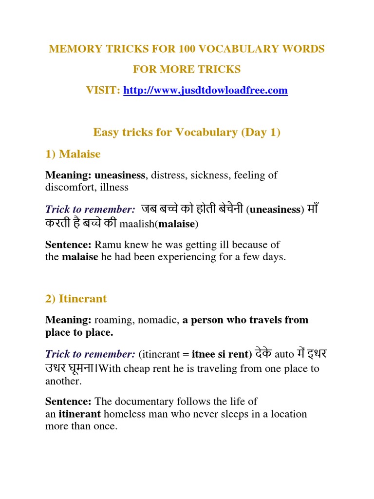 Learn 100 Vocabulary Words Within 24 Hrs With Easy Memory Tricks | PDF ...