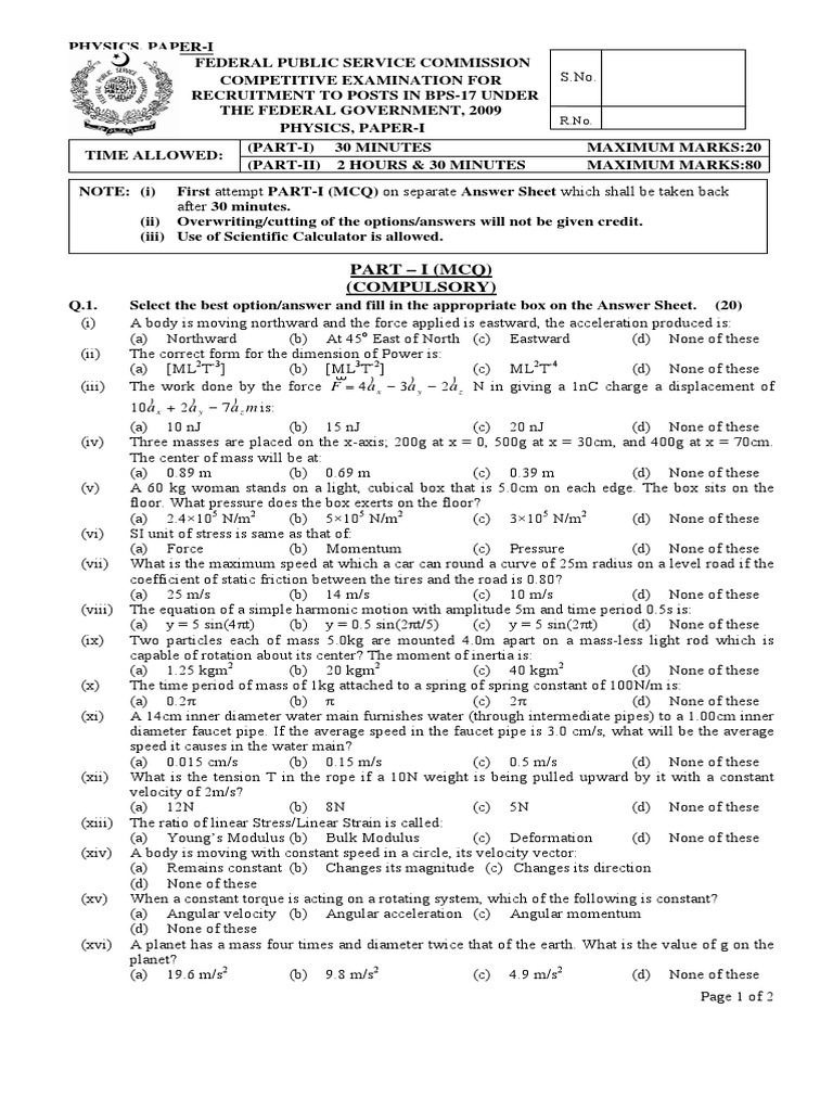 Part - I (MCQ) (Compulsory) : M A A A | PDF | Torque | Angular Momentum