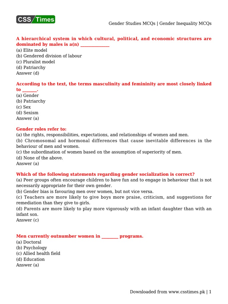 Gender Studies MCQs - Gender Inequality MCQs | PDF | Gender Inequality ...