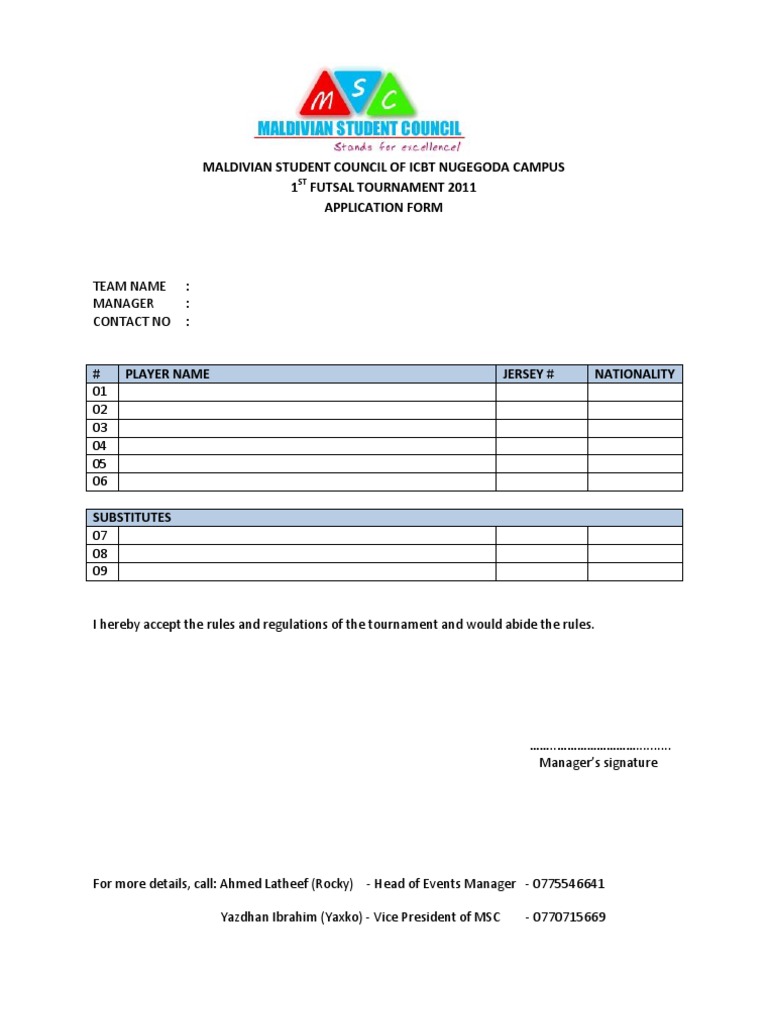 Application Form - Futsal Tournamnet MSC - ICBT Nugegoda Campus | PDF | Leisure | Team Sports