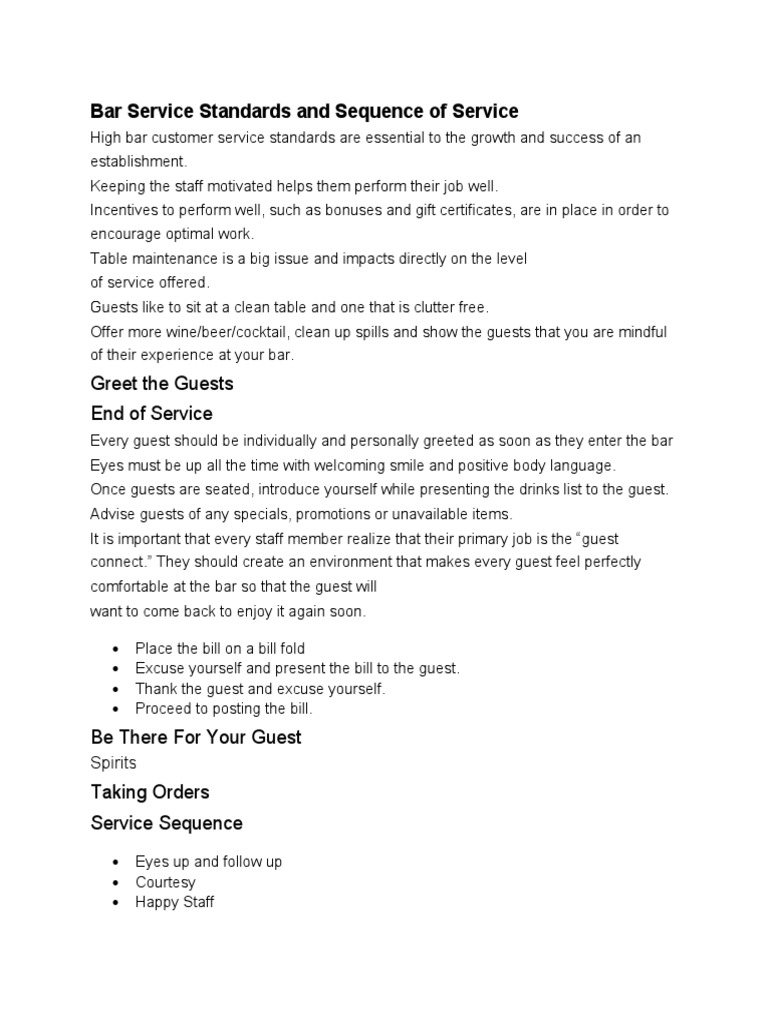 Bar Service Standards and Sequence of Service | PDF | Bar | Drink