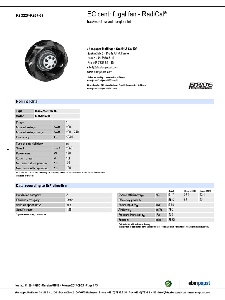 Ec Centrifugal Fan - Radical: R3G225-Re07-03 | PDF | Manufactured Goods ...