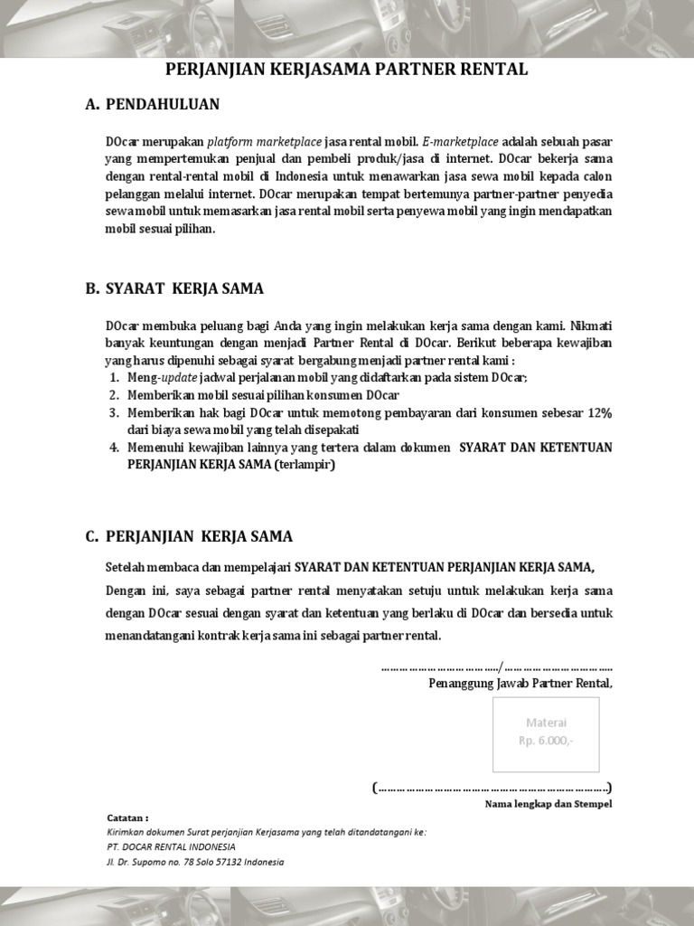 Perjanjian Kerja Sama Rental DOcar | PDF