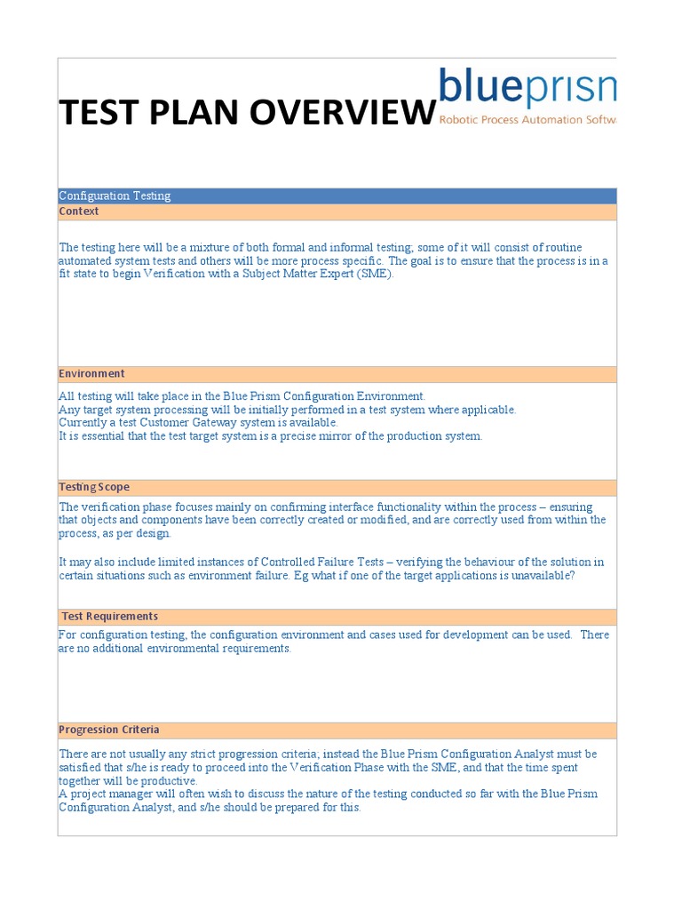 Blue Prism Test Plan Overview | PDF | Life Cycle Assessment ...