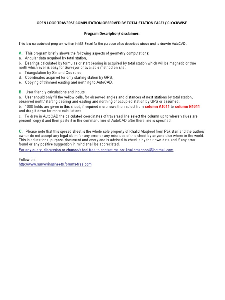 Open Loop Traverse Calculation Sheet | PDF | Spreadsheet | Computer Science