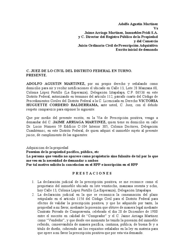 Escrito Inicial de Demanda LEPDER | PDF | Posesión (Ley) | Estatuto de ...