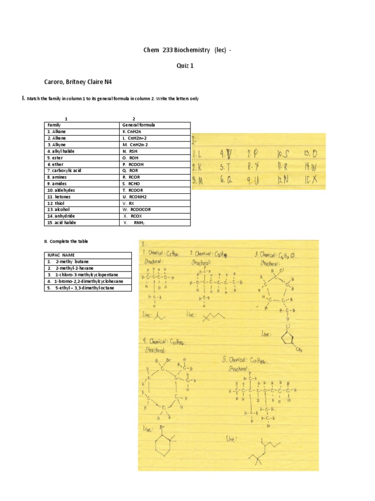 Chem 233 Biochemistry Quiz 1 Caroro | PDF | Alkane | Alkene