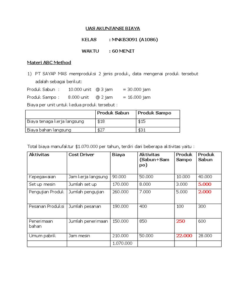 Uas Akuntansi Biaya Ta 2020-2021 | PDF