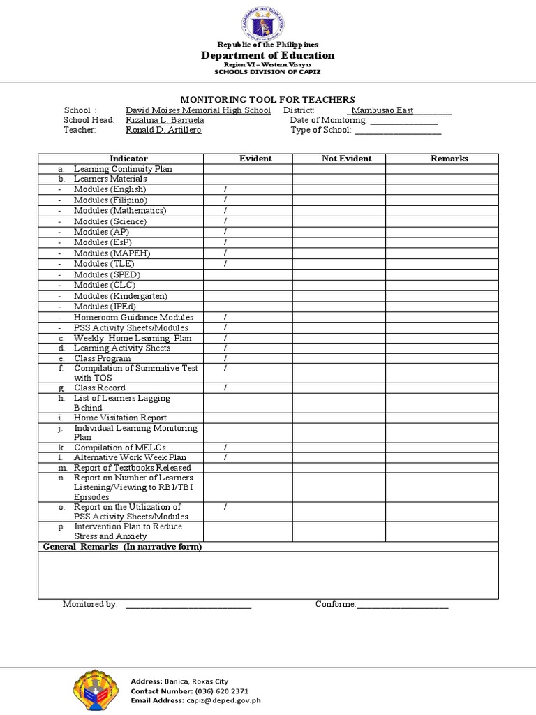 Department of Education: Monitoring Tool For Teachers | PDF