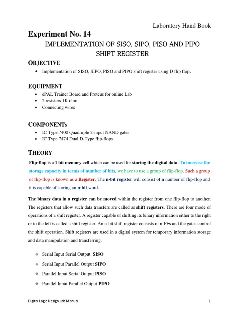 Experiment No. 14: Laboratory Hand Book Implementation of Siso, Sipo, Piso and Pipo Shift ...