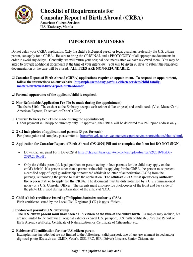Checklist of Requirements For Consular Report of Birth Abroad (CRBA ...