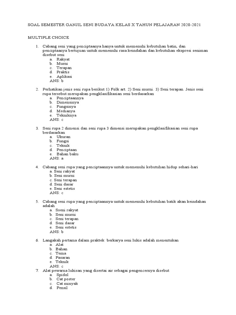 Soal Semester Ganjil Seni Budaya Kelas X Tahun Pelajaran 2020-2021 | PDF