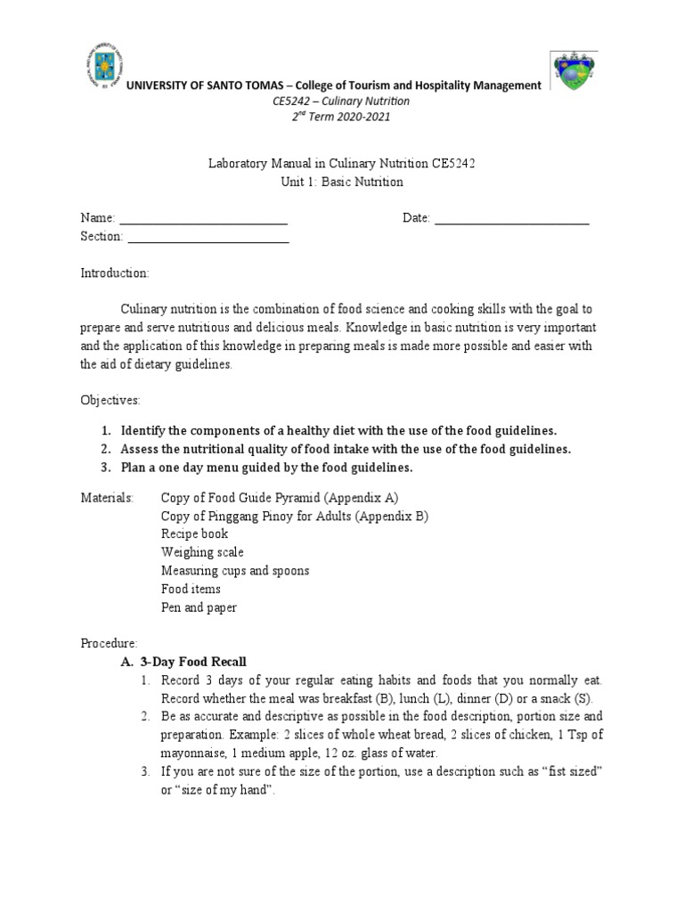 Culinary Nutrition Laboratory Manual | PDF | Meal | Lunch