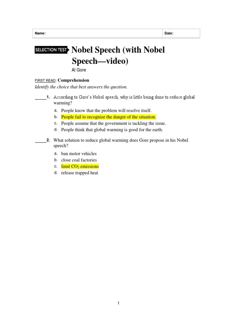 Nobel Speech (With Nobel Speech-Video) : Identify The Choice That Best ...