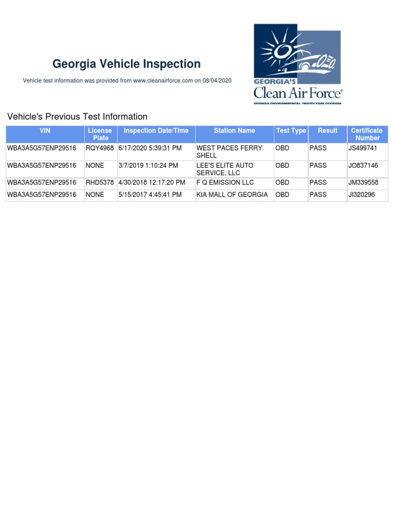 Georgia Vehicle Inspection Report | PDF