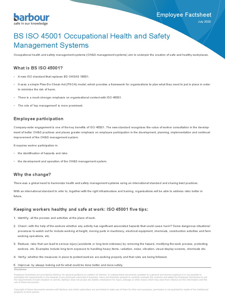 BS ISO 45001 Occupational Health and Safety Management Systems | PDF ...