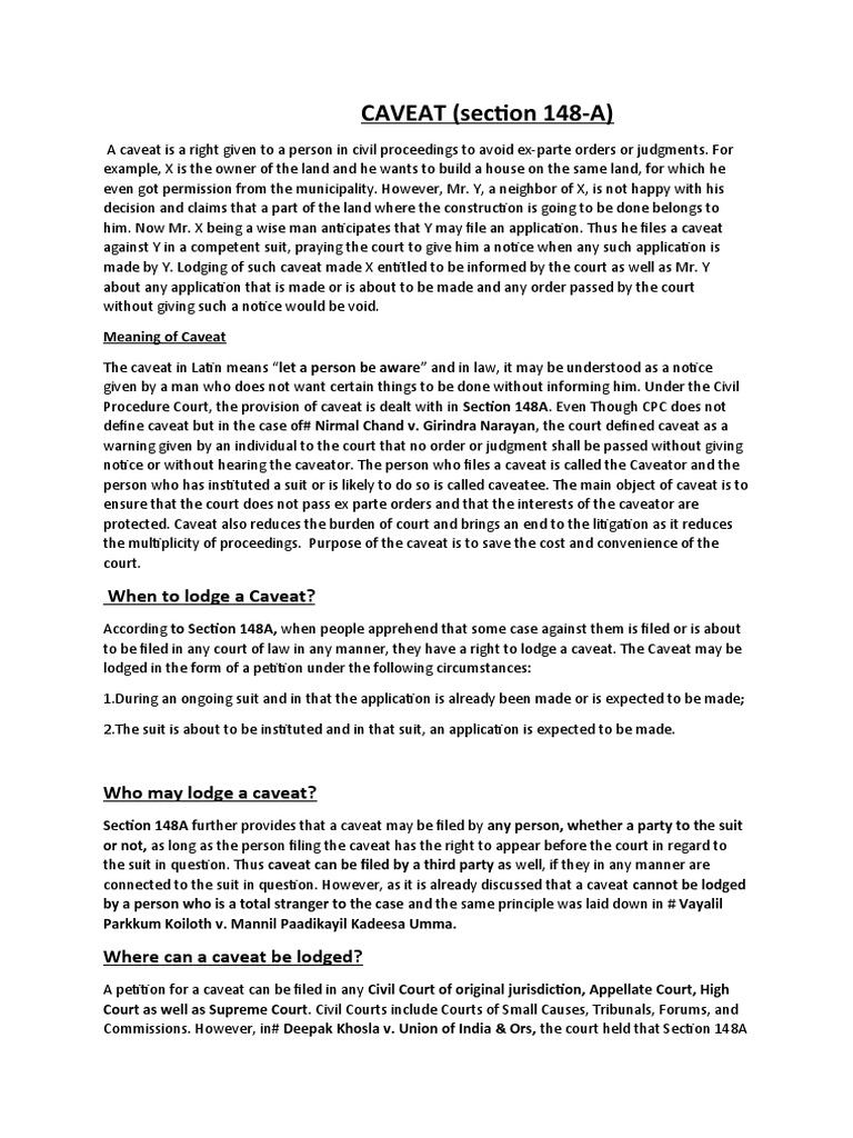 CAVEAT | PDF | Lawsuit | Legal Procedure