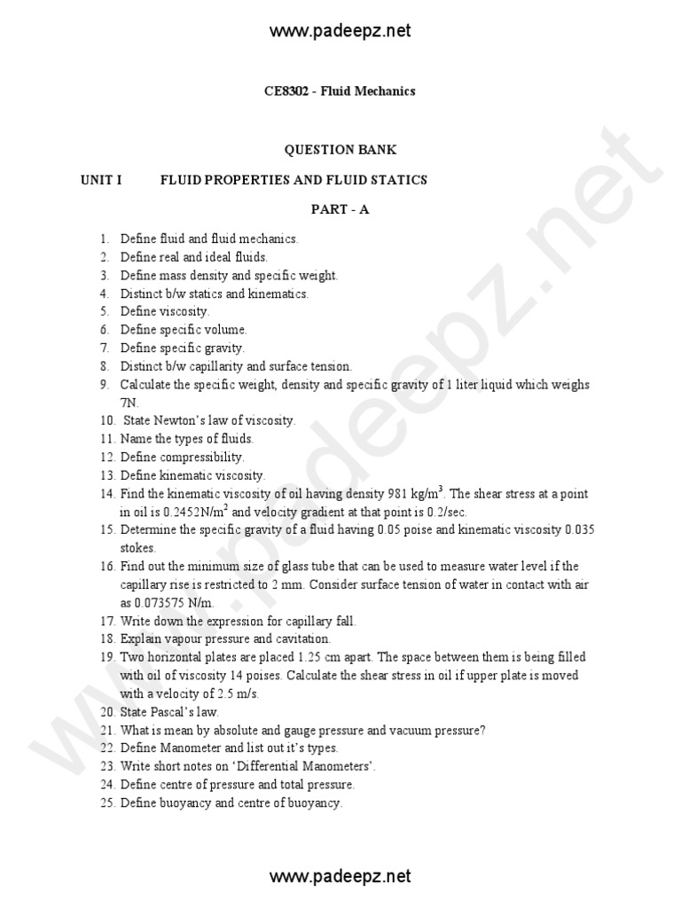Fluid Mechanics Question Bank Covering Fundamental Concepts, Formulas ...