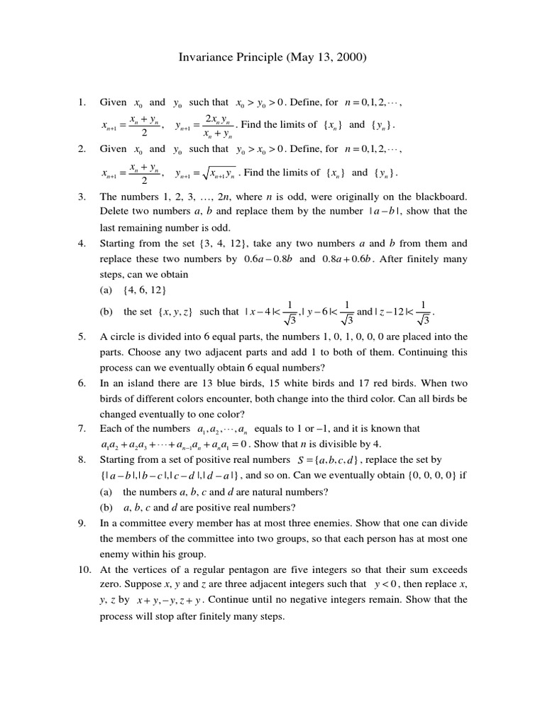 Exercises On Invariants | PDF | Numbers | Sequence