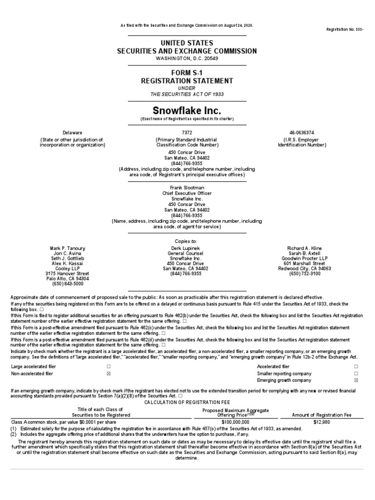 Snowflake Sec Form s1 | PDF | Cloud Computing | Securities Act Of 1933