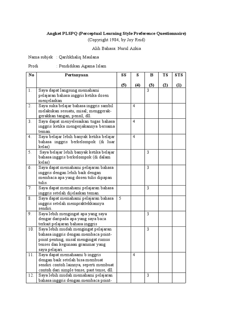 Perceptual Learning Style Preference Questionnaire, Angket Asli | PDF