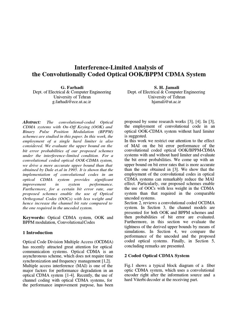 Convolutionally Coded Optical CDMA Analysis | PDF | Telecommunications | Electronics
