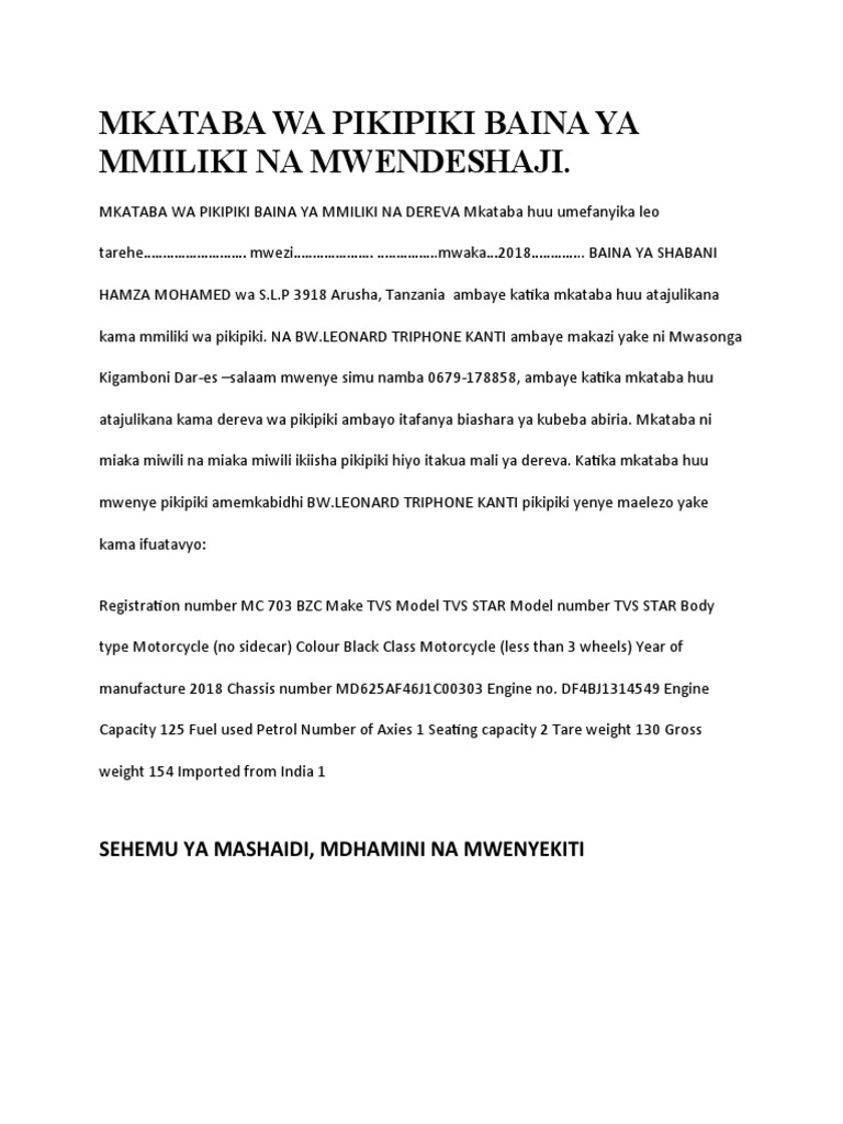 Mkataba Wa Pikipiki Baina Ya Mmiliki Na Mwendeshaji | PDF