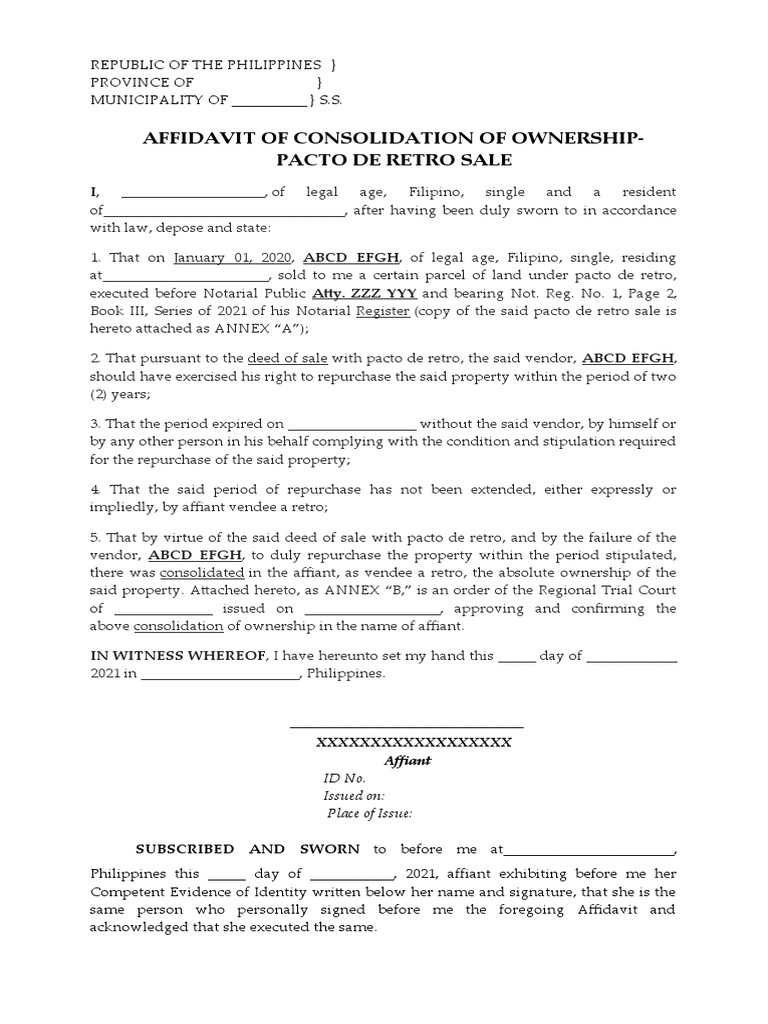 Affidavit of Consolidation of Ownership - Pacto de Retro Sale | PDF | Affidavit | Document