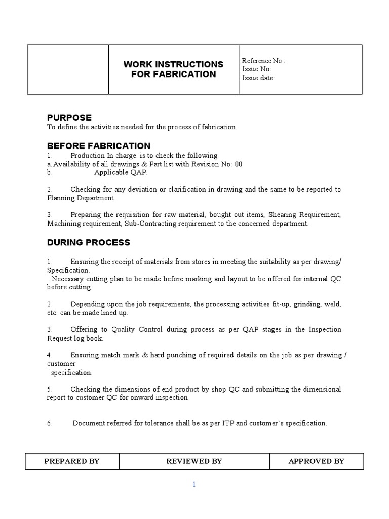 Work Instructions - Fabrication | PDF