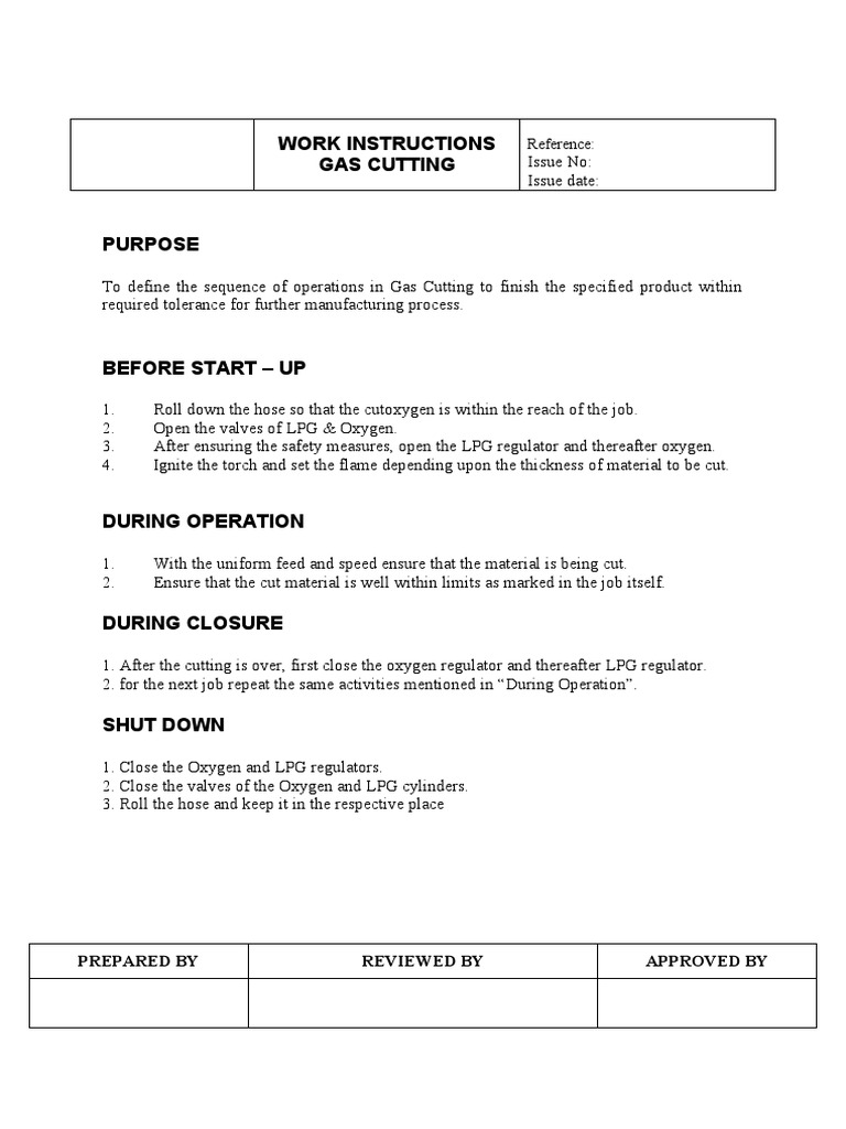 Work Instructions - Gas Cutting | PDF