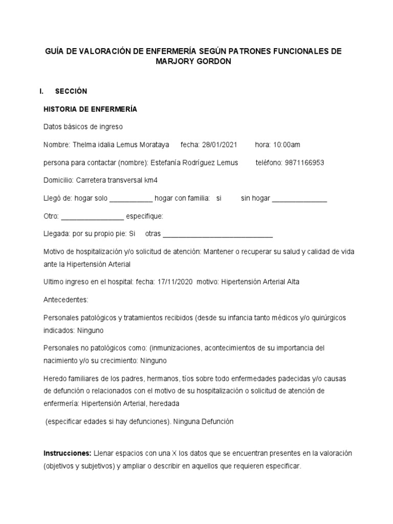 Guía de Valoración de Enfermería Según Patrones Funcionales de Marjory Gordon | PDF | Hospital ...