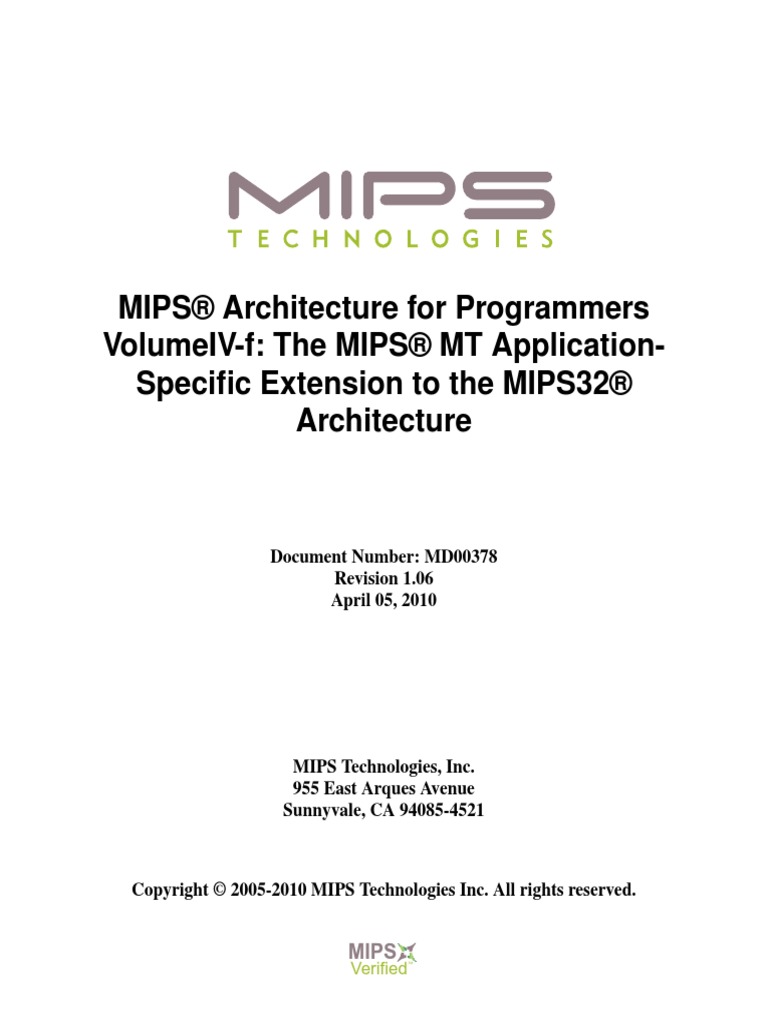 MIPS MT Specific Extension To The MIPS32 Architecture | PDF