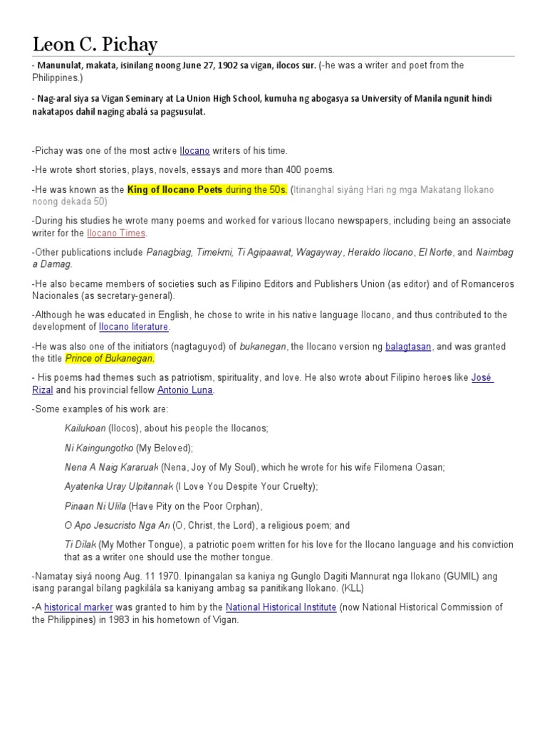 Leon C. Pichay: - Manunulat, Makata, Isinilang Noong June 27, 1902 Sa ...
