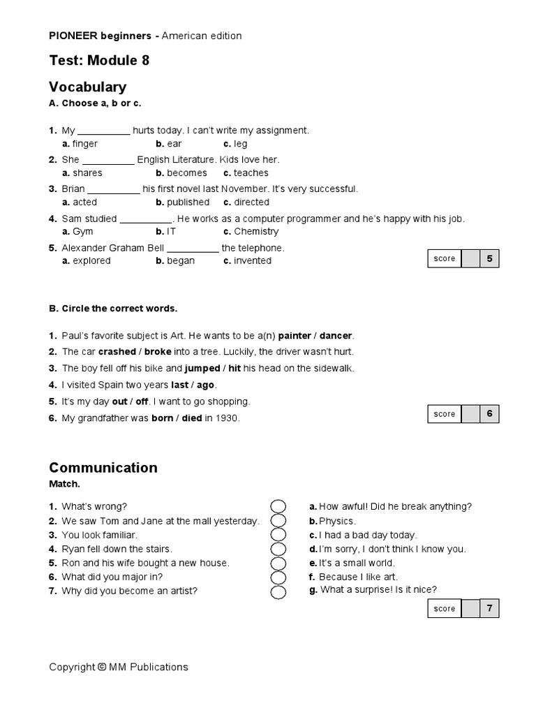 Test: Module 8 Vocabulary: PIONEER Beginners - American Edition | PDF