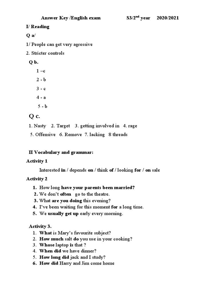 English Exam Answer Key 2020/2021 | PDF