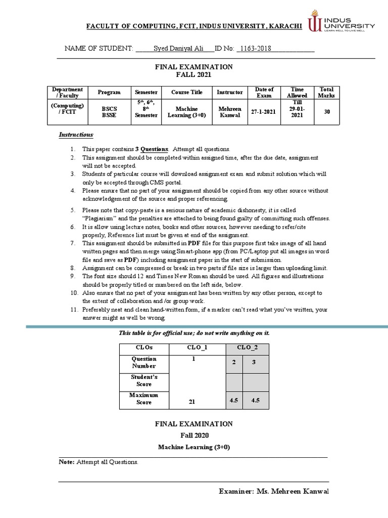 Syed Daniyal Ali (1163-2018) FCIT DCCN | PDF | Cluster Analysis | Machine Learning