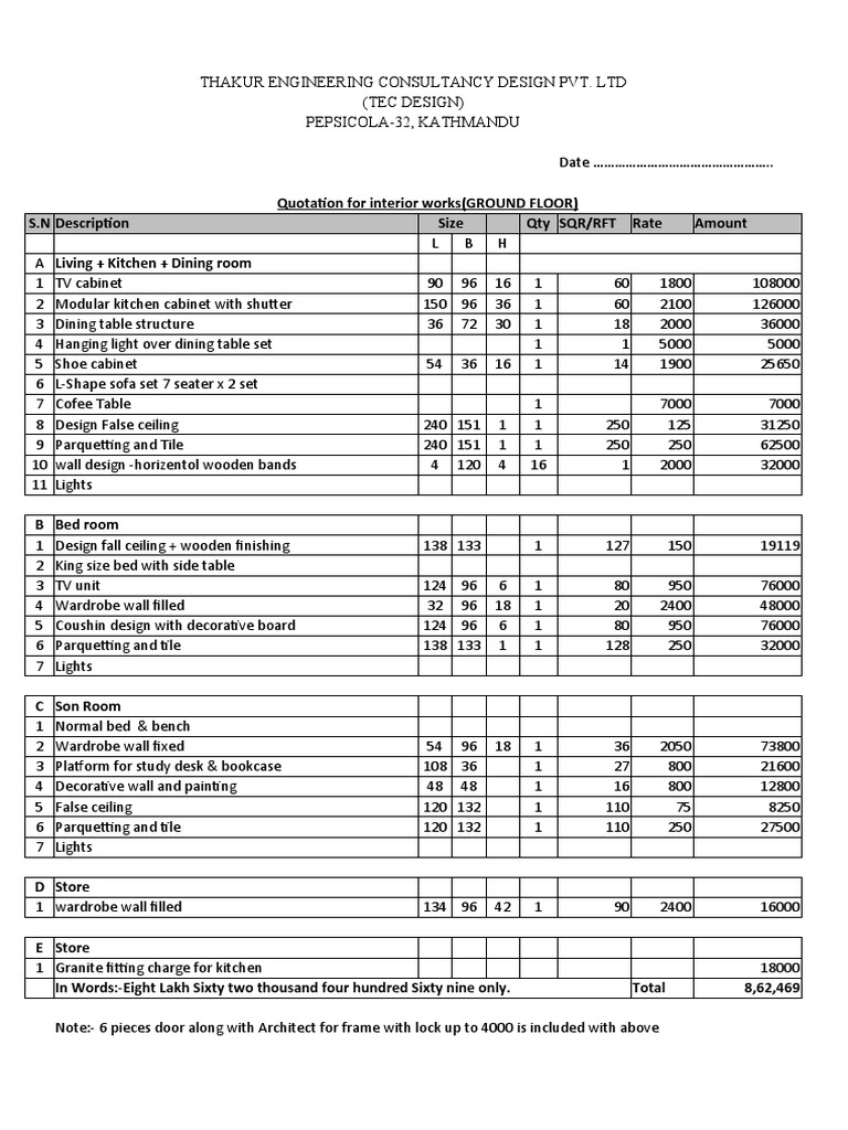 Quotation For Interior Works (GROUND FLOOR) S.N Description Size Qty ...